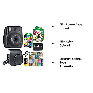 Fujifilm Instax Mini 11 Instant Camera - Charcoal Grey (16654786) + Fujifilm Instax Mini Twin Pack Instant Film (16437396) + Single Pack Rainbow Film + Case + Travel Stickers
