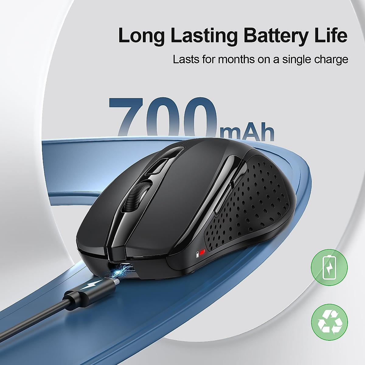 TECKNET Wireless Mouse Rechargeable, 2.4G Silent Mouse, Quiet Click, 6 Adjustable 4800 DPI, Cordless Computer Mouse, Ergonomic Mouse for Laptop, 6 Buttons USB Mouse for Chromebook, Ergo Grip - Black