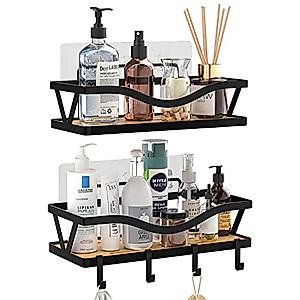 Shower Caddy Organizer, Natural Bamboo Shower Shelves with 4 Hooks, No Drilling Rustproof Stainless Steel Shower Organizer for Inside Shower & kitchen organization and storage, Matte Black, Set of 2