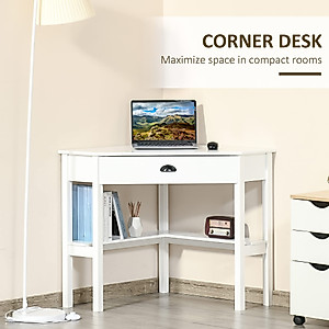 HOMCOM Corner Desk, Triangle Computer Desk with Drawer and Storage Shelves for Small Spaces, Home Office Workstation for Living Room, or Bedroom, White