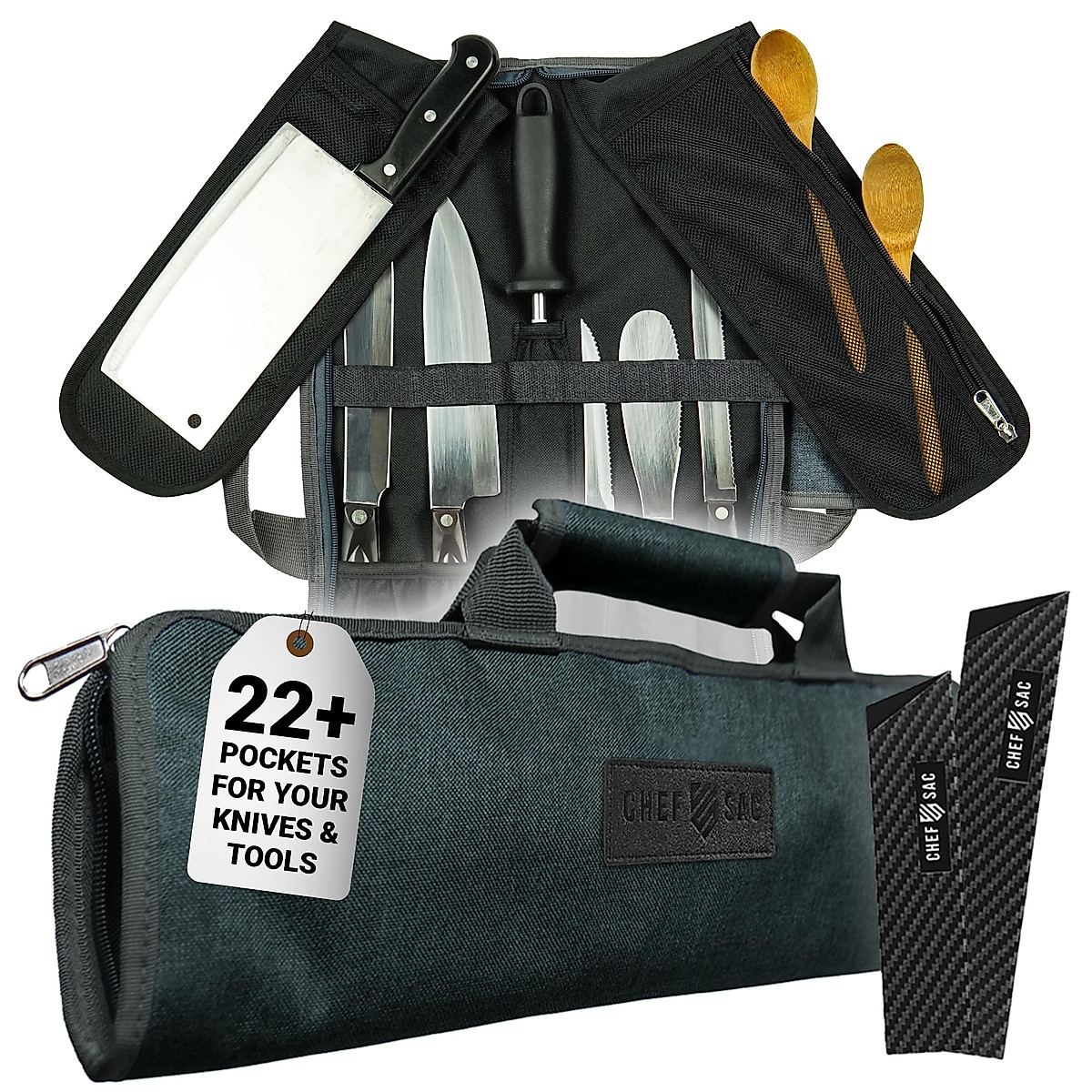 Chef Knife Roll Bag Travel Case | 8 Pockets for Knives & Tools | 2 Flaps with Cleaver & Mesh Pocket | Honing Rod Slot | Chef Knife Case for Professional & Students | Knives Not Included (Denim Grey)