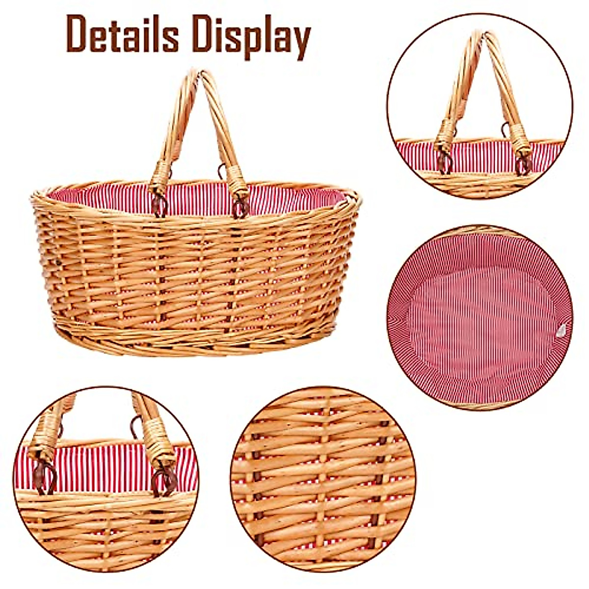 TwentyNext Wicker Picnic Basket with Double Folding Handles, Natural Large Willow Hamper Empty Basket Cheap Easter Eggs Candy Storage Wine Basket for Toy, Flower, Wedding Gifts（Red Stripe L）