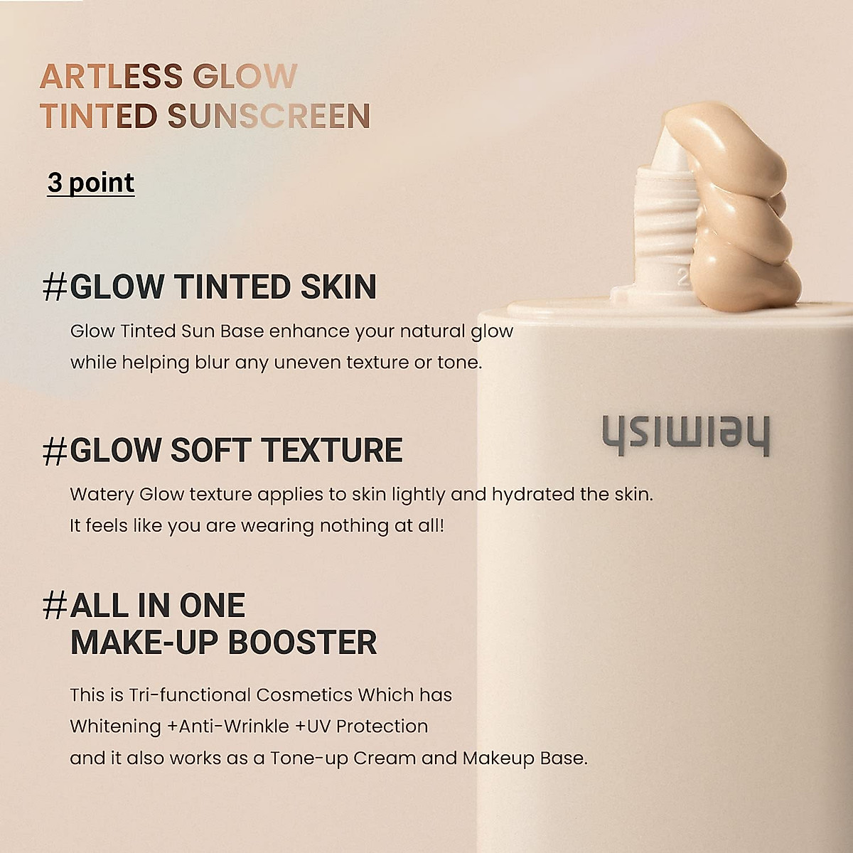 heimish Artless Glow Tinted Sunscreen Shine Beige SPF50+ PA+++ | natural tone correction, glowing, moisturizing, sun protect