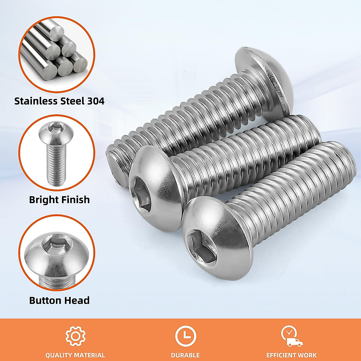 3/8-16 x 1/2" Button Head Socket Cap Screws, 304 Stainless Steel 18-8, Bright Finish, Fully Threaded, Coarse Thread UNC, 15 PCS