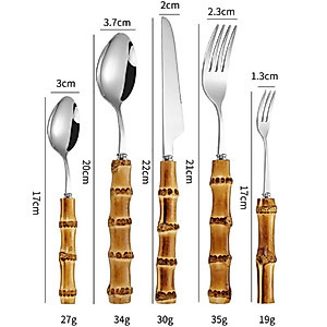 Tunkeny Bamboo Flatware Set Service for 12, 60 Piece Natural Bamboo Silverware Set Bamboo Handle Cutlery Utensil Set, Hand Crafted Bamboo Dinnerware Set, Mirror Finished (12 Sets-60 Piece)