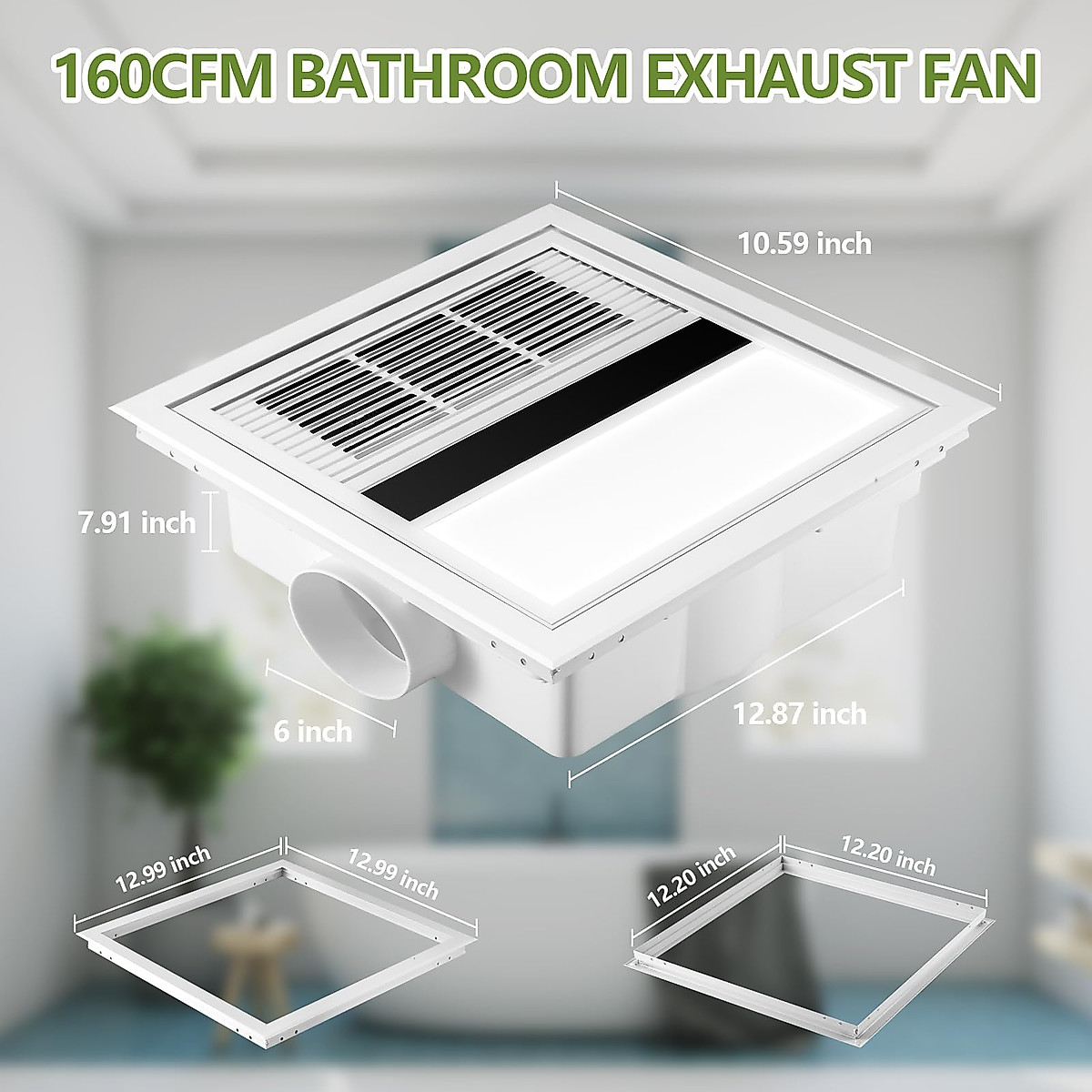 FLYINGFOX Bathroom Exhaust Fan with Heater and Ventilation Circulation LED Lamp Combo, Bathroom Fan 2300 Watt Heater, 160 CFM，White