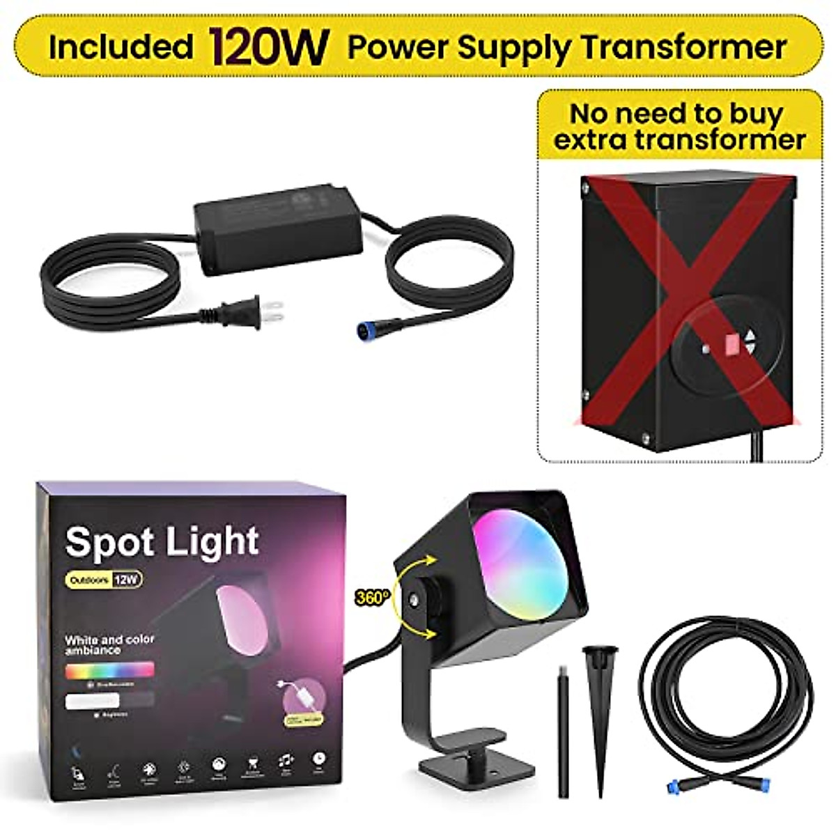 YARBO 12W Smart Low Voltage Landscape Lights(Base Kit)with 120W Transformer, APP Control Landscape Lighting,Color Changing RGBW Spot Lights Outdoor (ETL Listed), Work with Alexa (Required SML Gateway)