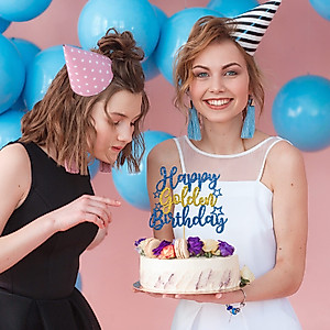 MonMon & Craft Happy Golden Birthday Cake Topper/Happy 1st 20th 30th 40th 50th Birthday Cake Decor/Golden Birthday Party Decorations - Blue & Gold Glitter