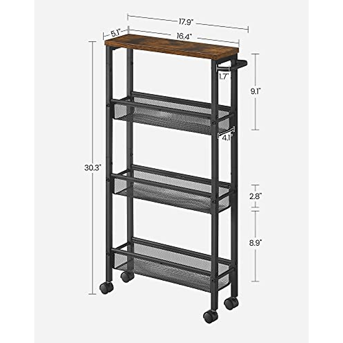 VASAGLE Slim Storage Cart, 4-Tier Rolling Cart Tower, Slide Out Cart with Handle Metal Mobile Shelving Unit for Kitchen Dining Living Room Office Narrow Places, Rustic Brown and Black ULRC032B01V1