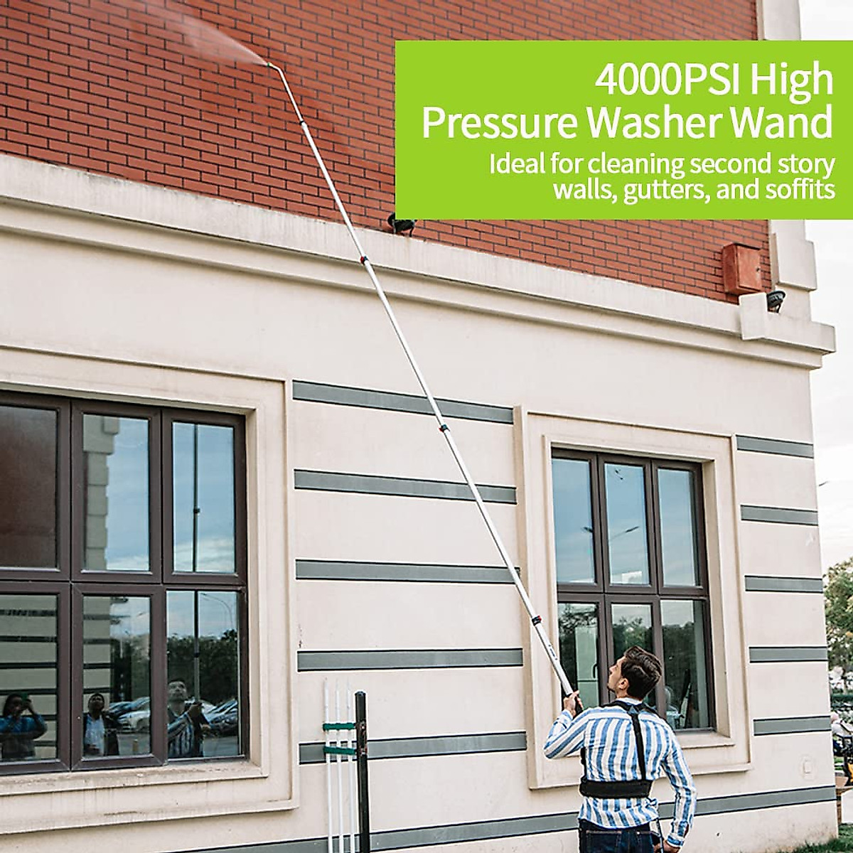 XUNCHI 24 Feet High Pressure Power Washer Telescoping Lance Extension Wand with 1/4 Inch Quick Connection, 5 Spray Nozzle Tips and Harness Belt, Pivoting Coupler, 2 Adapters, 4000 PSI Max Pressure