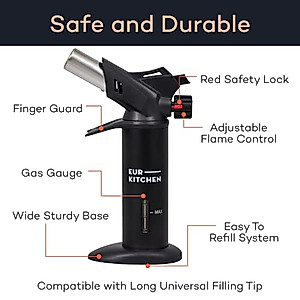 EurKitchen Premium Culinary Butane Torch with Gauge, Safety Lock, Adjustable Flame, Guard- Refillable Cooking Torch Lighter for Creme Brulee, BBQ, Baking, Soldering, Crafts- Butane Gas Not Included