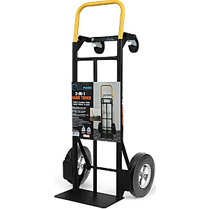 Simpli-Magic 800 lb Capacity 2 in 1 Convertible Hand Truck and Dolly with 10" Flat Free Rubber Wheels,Black with Yellow Handle.