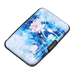 ELFISH Mini RFID Aluminum Wallet Credit Cards Holder Business Card Case Metal ID Case for Men Women (Blue Lotus)
