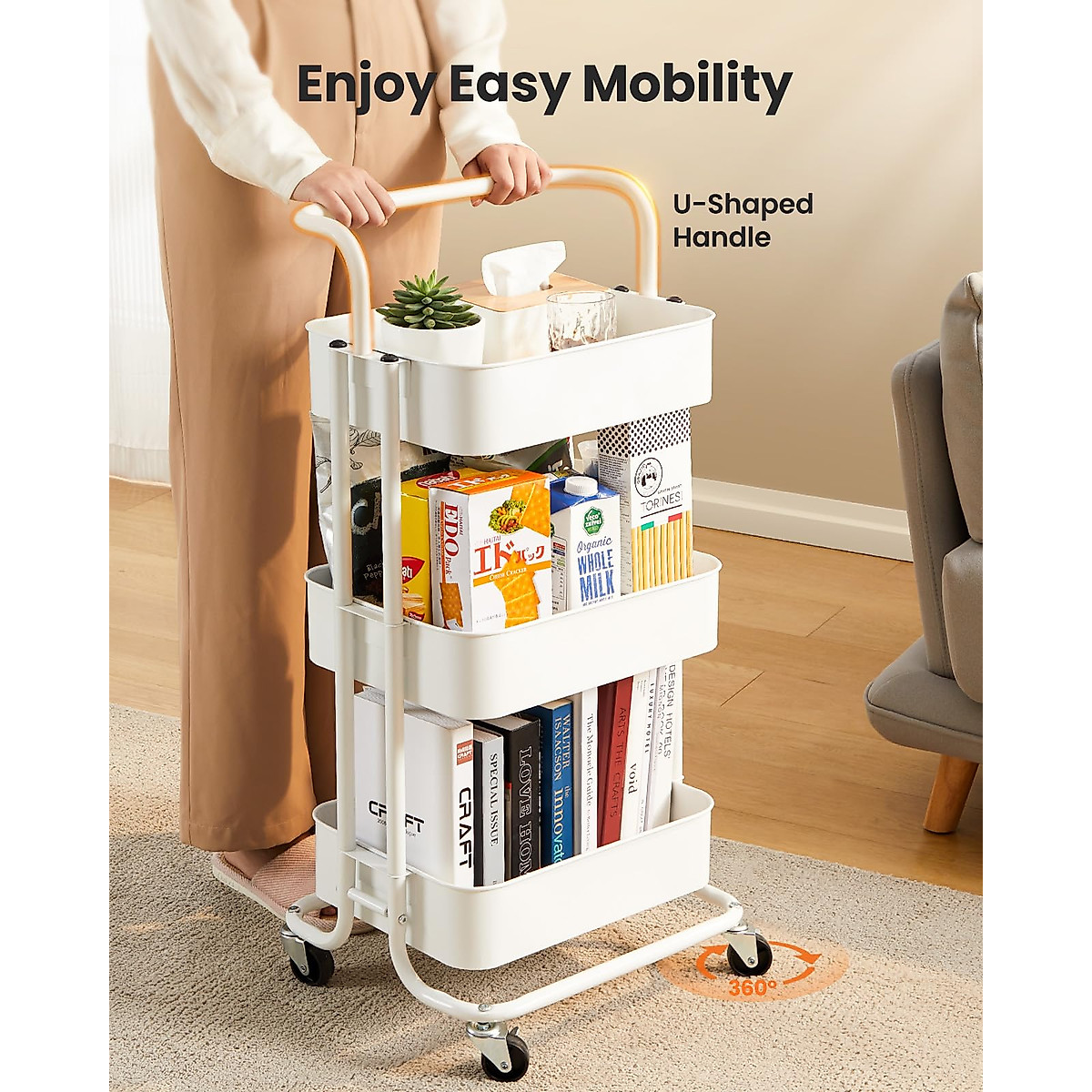3 Tier Mesh Utility Cart, Rolling Metal Organization Cart with Handle and Lockable Wheels, Multifunctional Storage Shelves for Kitchen Living Room Office by Pipishell White