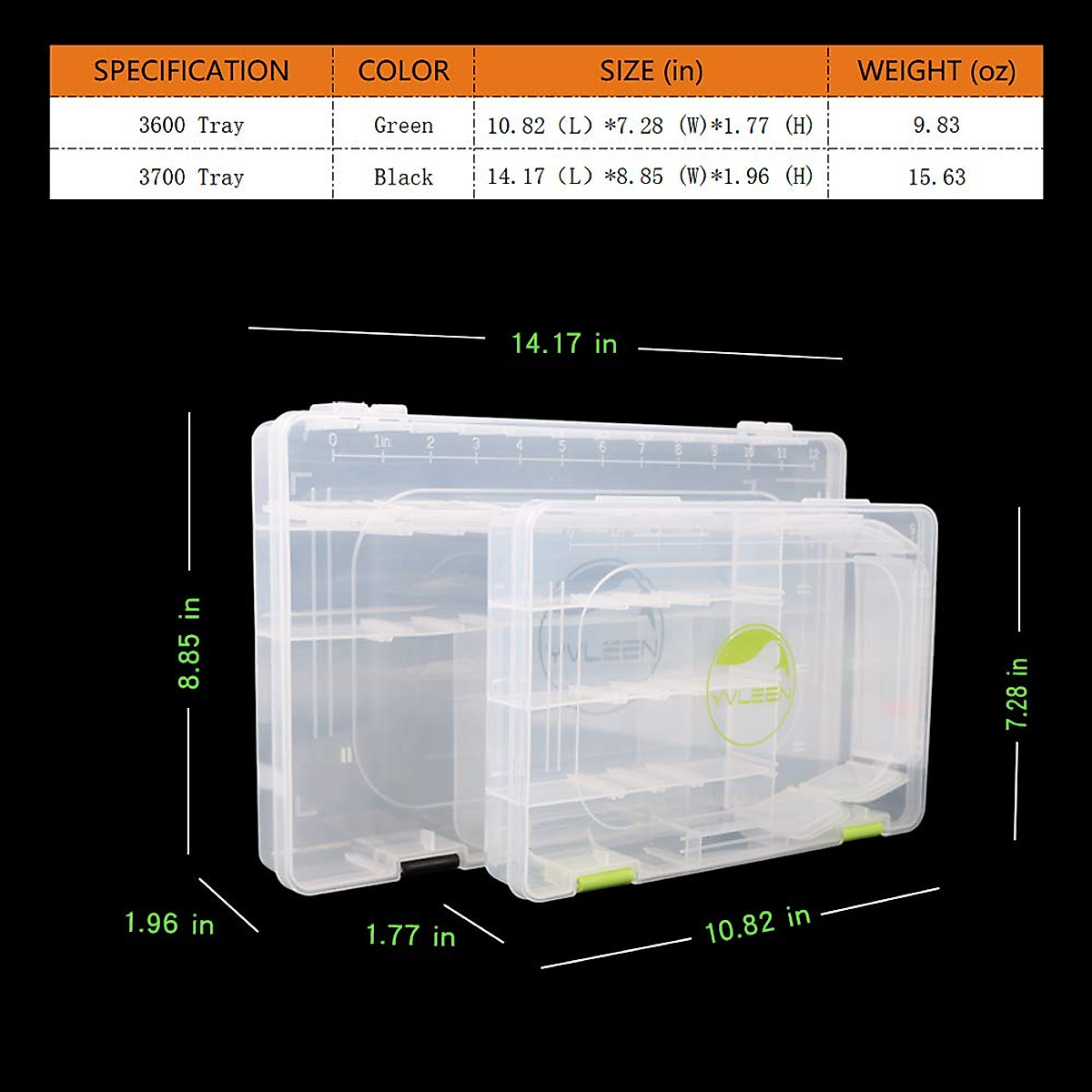 YVLEEN Fishing Tackle Boxes - 3600 3700 Tackle Box Plastic Storage Organizer Box with Removable Dividers - 2packs/4packs Tackle Trays - Included 2pcs of Extra Clip