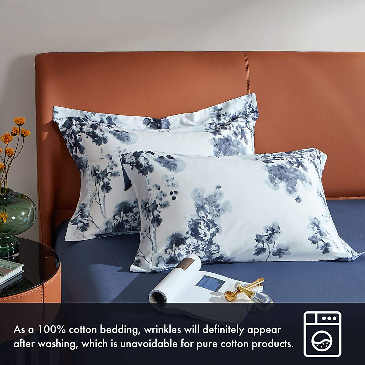 MILDLY 100% Long Staple Cotton Duvet Cover Set Navy Blue Leaves Printed Comforter Cover Set Watercolor Plant Floral