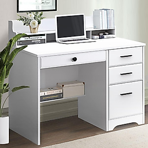 Catrimown Computer Desk with 4 Drawers and Hutch, Home Office White Writing Desk with File Drawer and Shelves for Small Spaces, Small Desk Study Table for Bedroom