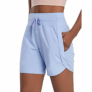 BALEAF Women's 5" Workout Shorts Athletic Running Shorts High Waisted with Zipper Pocket Gym Quick Dry Hiking Sports Light Blue L