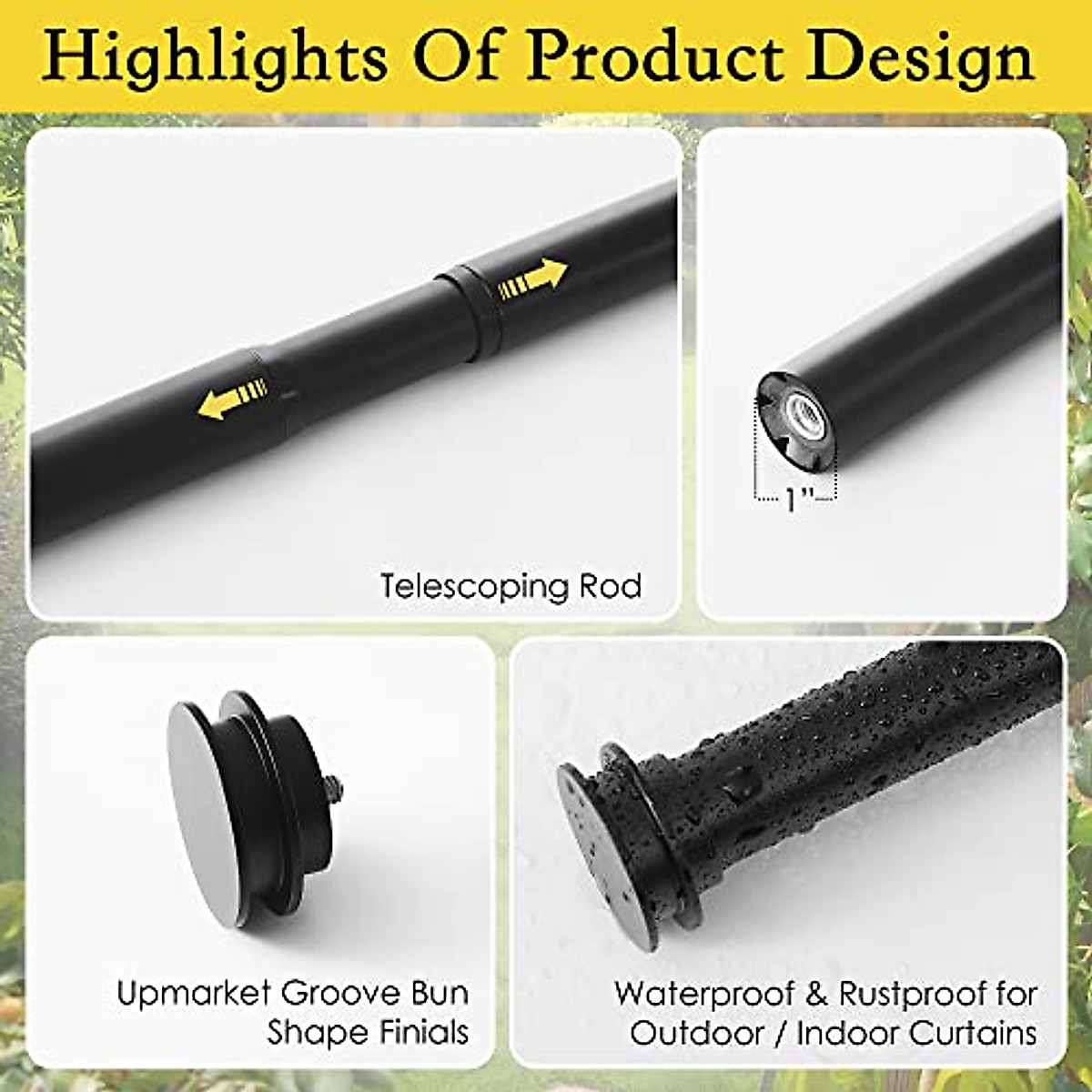 NICETOWN Rustproof & Waterproof Heavy Duty Outdoor Patio Curtain Rod Set with Classic Groove Round Finials, 1 inch Diameter Adjustable Length 72 to 144" Length, Matte Black