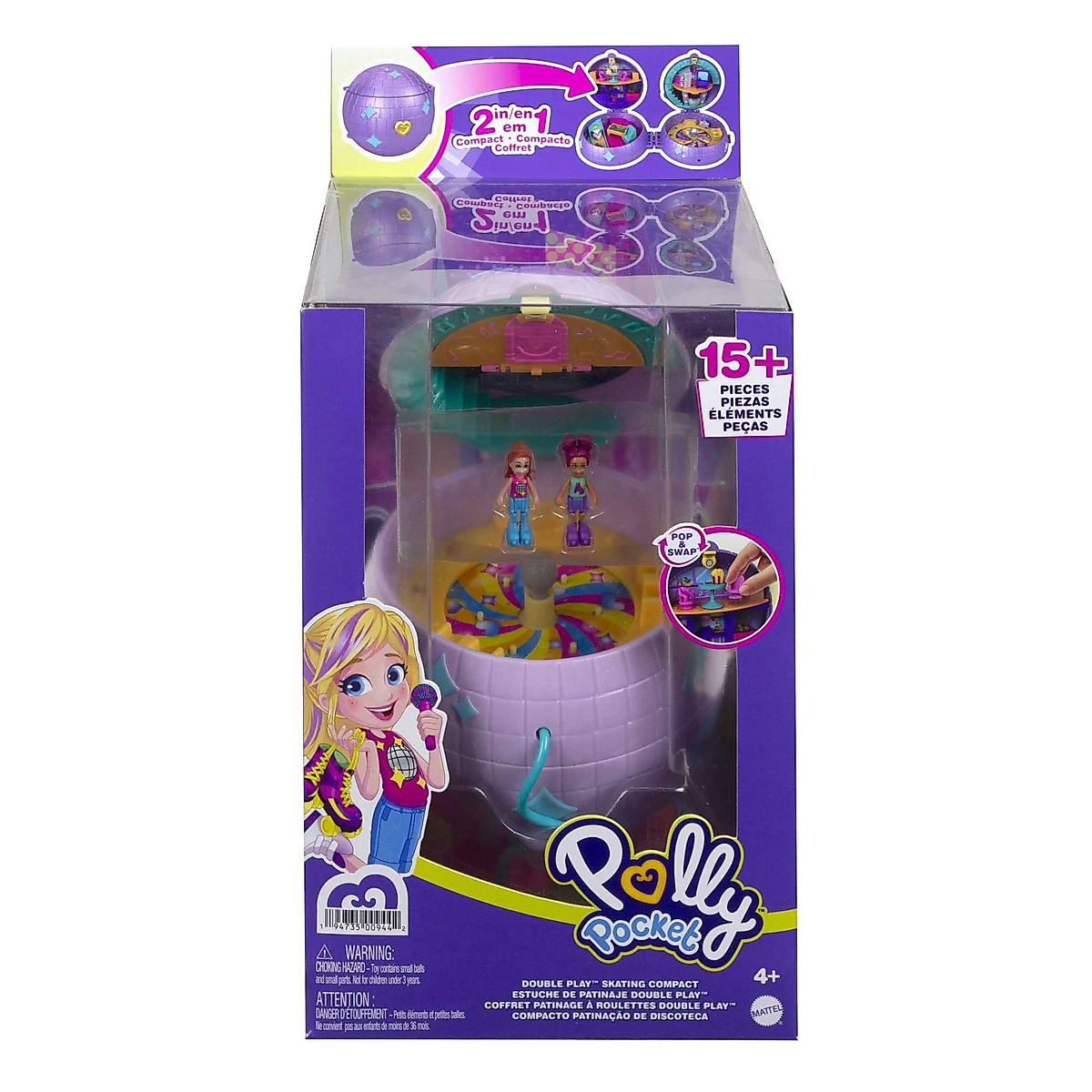 Polly Pocket Dolls & Accessories, Compact Playset with 2 Micro Dolls, 15 Toy Pieces & 1 Fashion Piece, Double Play Skating
