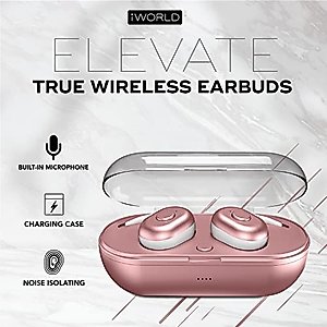 iWorld Elevate True Wireless Earbuds with Charging Case, Bluetooth in-Ear Headphones with Built-in Microphone and Touch Control, Universally Compatible Headset for Android, iPhone and PC (Rose Gold)