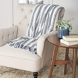 C&F Home Navy Blue and White Ticking Stripe Cotton Woven 50x60 Throw Blanket Farmhouse 50x60 inches Navy