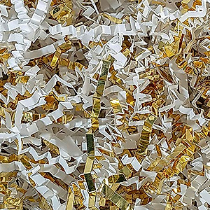 Crinkle Cut Paper Shred Filler (1/2 LB) for Valentine's Day Gifts Craft DIY's Packaging, White & Gold Shredded paper for Gift Box, Wrapping & Basket Filling for Christmas, Halloween & Wedding Decorations (White & Gold）
