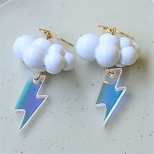 Cute Handmade Sparkly Large 3D Resin Cloud Lightning Weather Dangle Drop Hook Earrings for Women