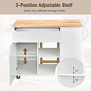 Giantex Kitchen Island Cart Drop-Leaf Countertop, Rubber Wood Breakfast Dining Table w/Large Drawer, Storage Shelves, 4-Tier Spice Rack, Rolling Serving Cart on 5 Wheels for Home Coffee Bar (White)