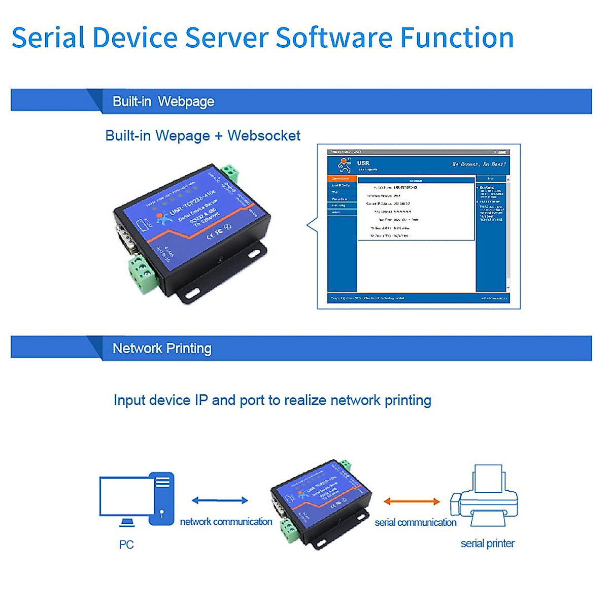 PUSR Usr-Tcp232-410S Server RS232 / RS485 Serial to Ethernet Adapter TCP/IP Converter Supports DHCP/DNS