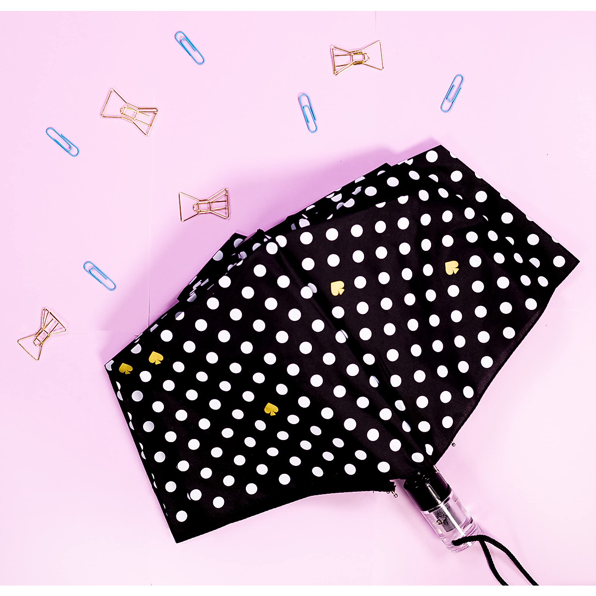 Kate Spade New York Black/White Travel Umbrella, Lightweight Compact Umbrella with Storage Sleeve, Polka Dots