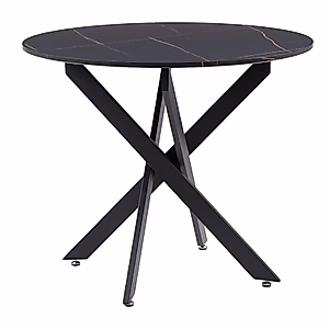 CorLiving Lennox Black Iron Metal Leg Trestle Dining Table with Marbled Top