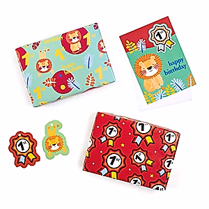 BIOBROWN Happy 1st Birthday Wrapping Paper Sheets for Boys Including Greeting Card and Gift Tags for Birthday Wishes 2 Fold Flat Sheets