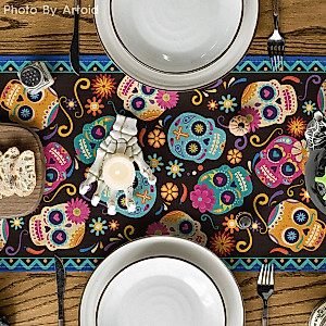 Artoid Mode Suger Skulls Floral Day of The Dead Table Runner, Halloween Seasonal Kitchen Dining Table Decoration for Home Party Decor 13x72 Inch