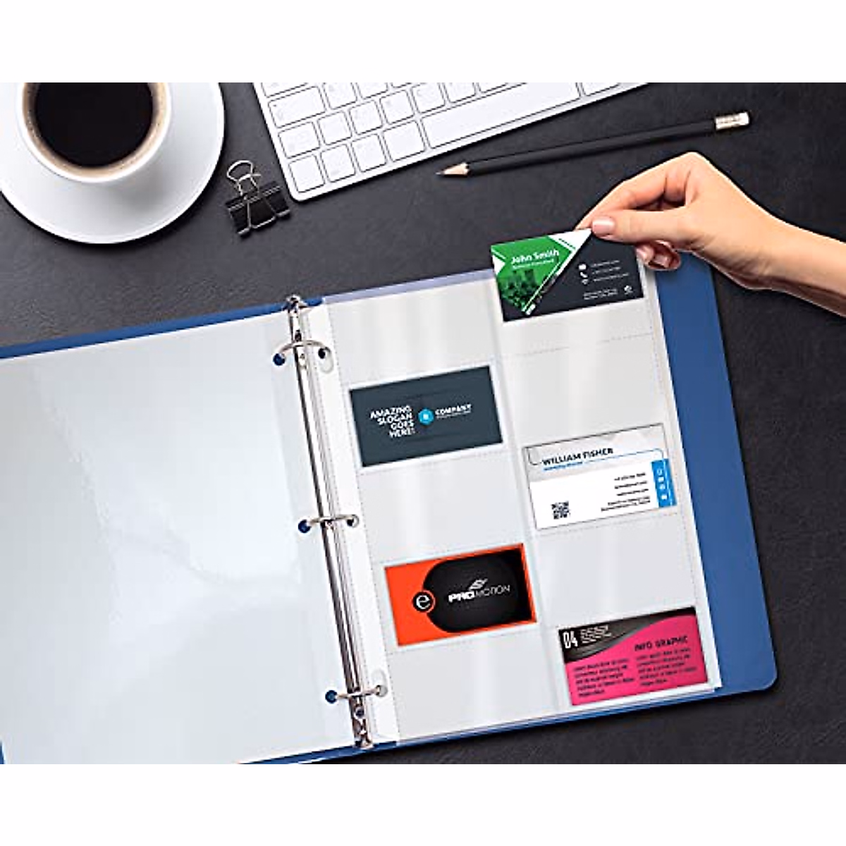 50/Box Clear Heavyweight Business Card Sleeve Pages, Refill Pages, 10 Pockets Per Sheet, 3 Ring Business Card Binder Sheets, by Better Office Products, 50 Count