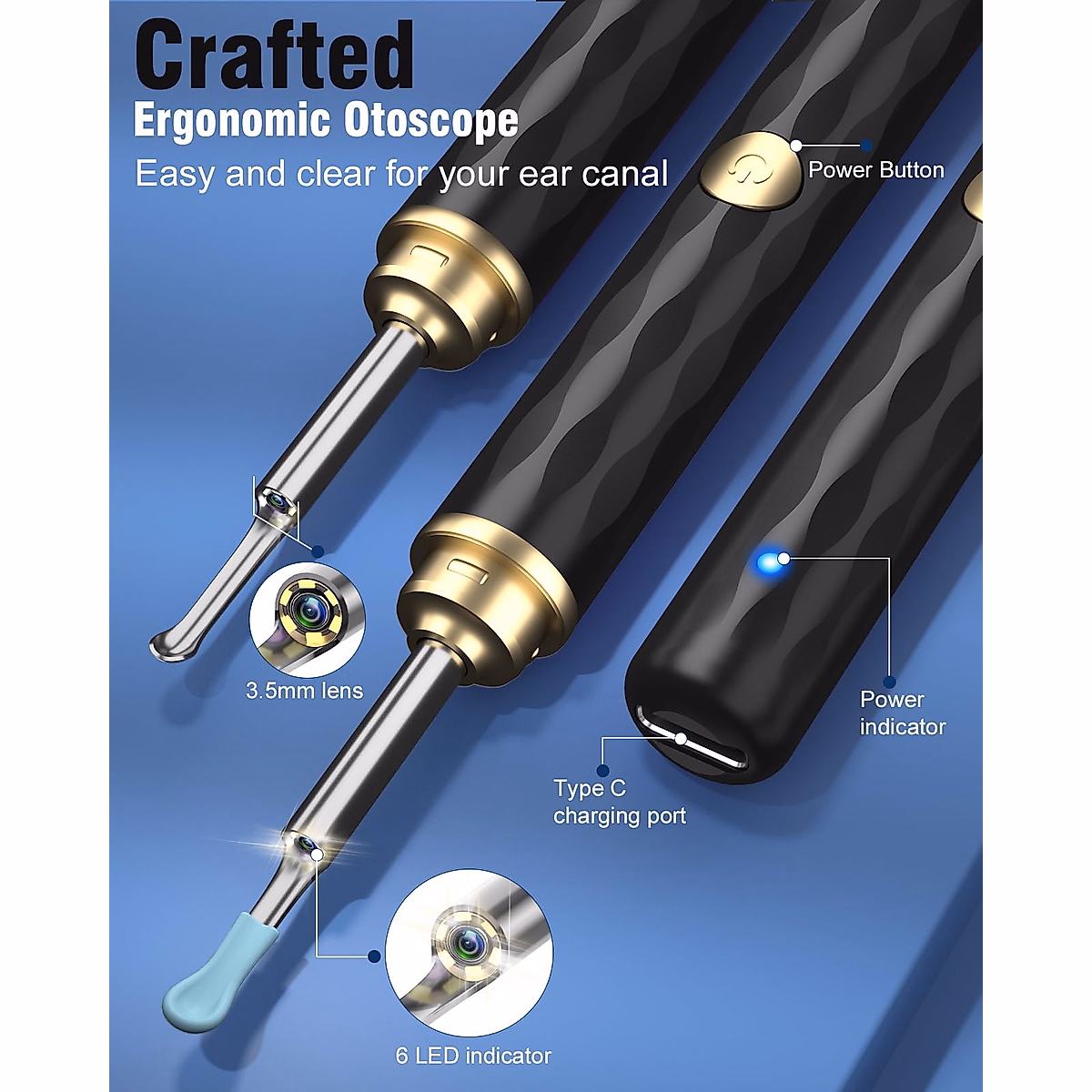 Kekoy Ear Wax Removal Camera, Ear Cleaner 1296P HD Camera, Ear Cleaning Kit with 8pcs Ear Set, Wireless WiFi Otoscope with 6 Lights, Rechargeable Earwax Removal Tool Kit for Adult & Kid(Black)