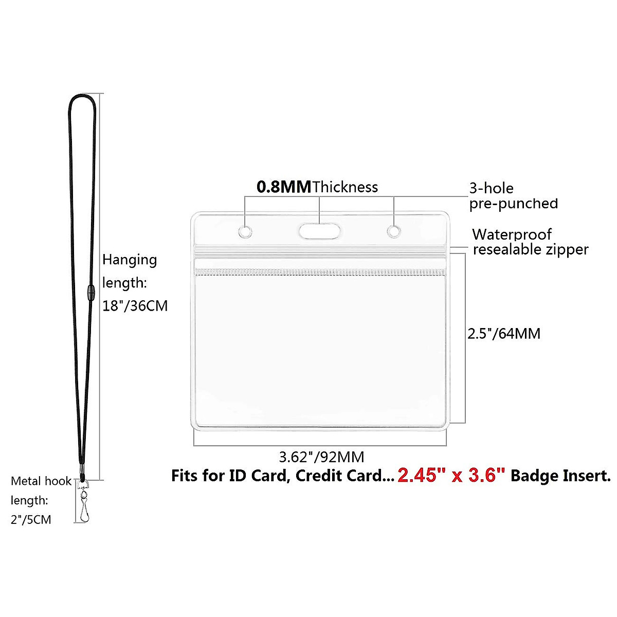 ZHEGUI Breakaway Lanyards with ID Holder Clear Plastic Horizontal Nametag Badge Holders (100 Pack, Satin Black)