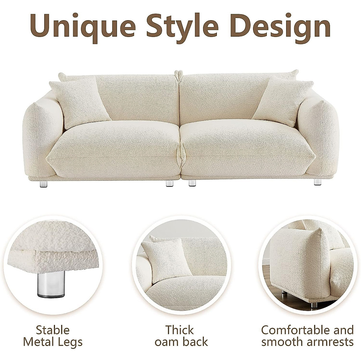 87'' Modern Lambswool Couch for Living Room,Fabric 2 Seater Sofa,Solid Wood Frame and Stable Metal Legs Couch with 2 Pillows,Sofa Furniture for Apartment (87" Loveseat Sofa, White)