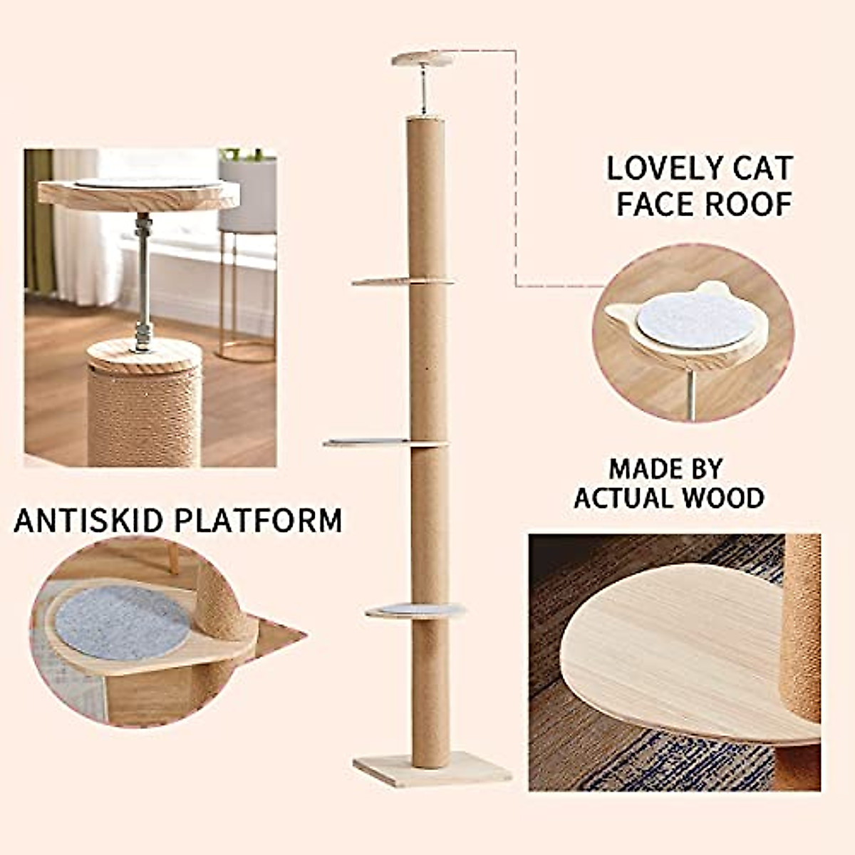 Catforest Floor-to-Ceiling Cat Tree Cat Climbing Tower with Natural Sisal Rope Scratching Post, Height:93.7-101.1Inch&101.2-108.6Inch&108.7-115.4Inch 3 Options (Celling Height:93.7Inch-101.1Inch)