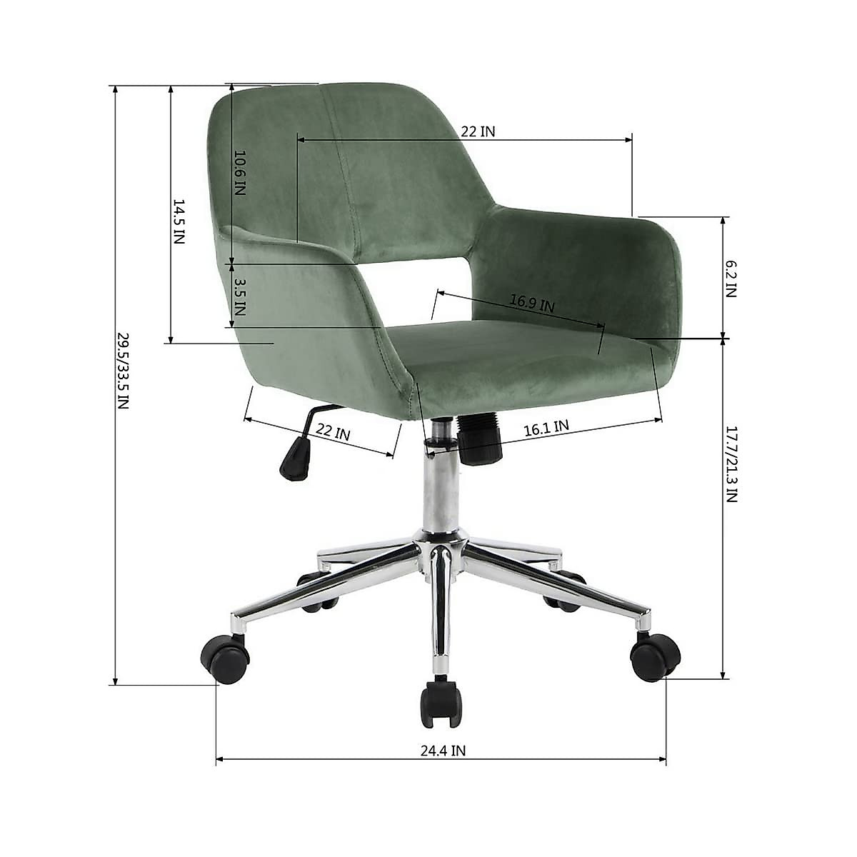 Geniqua Cactus Green Velvet Office Chair Swivel Task Chair Adjustable Mid Height Casters Rolling Computer Chair Modern for Home Office