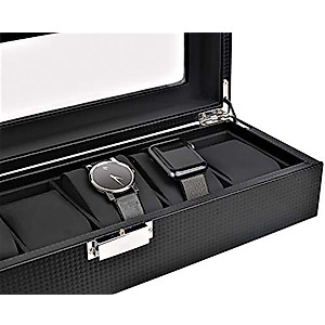 Mantello Watch Box for Men - 6 Slot Luxury Carbon Fiber Watch Case, Watch Box Organizer for Men, Gifts for Him, Metal Buckle - Black