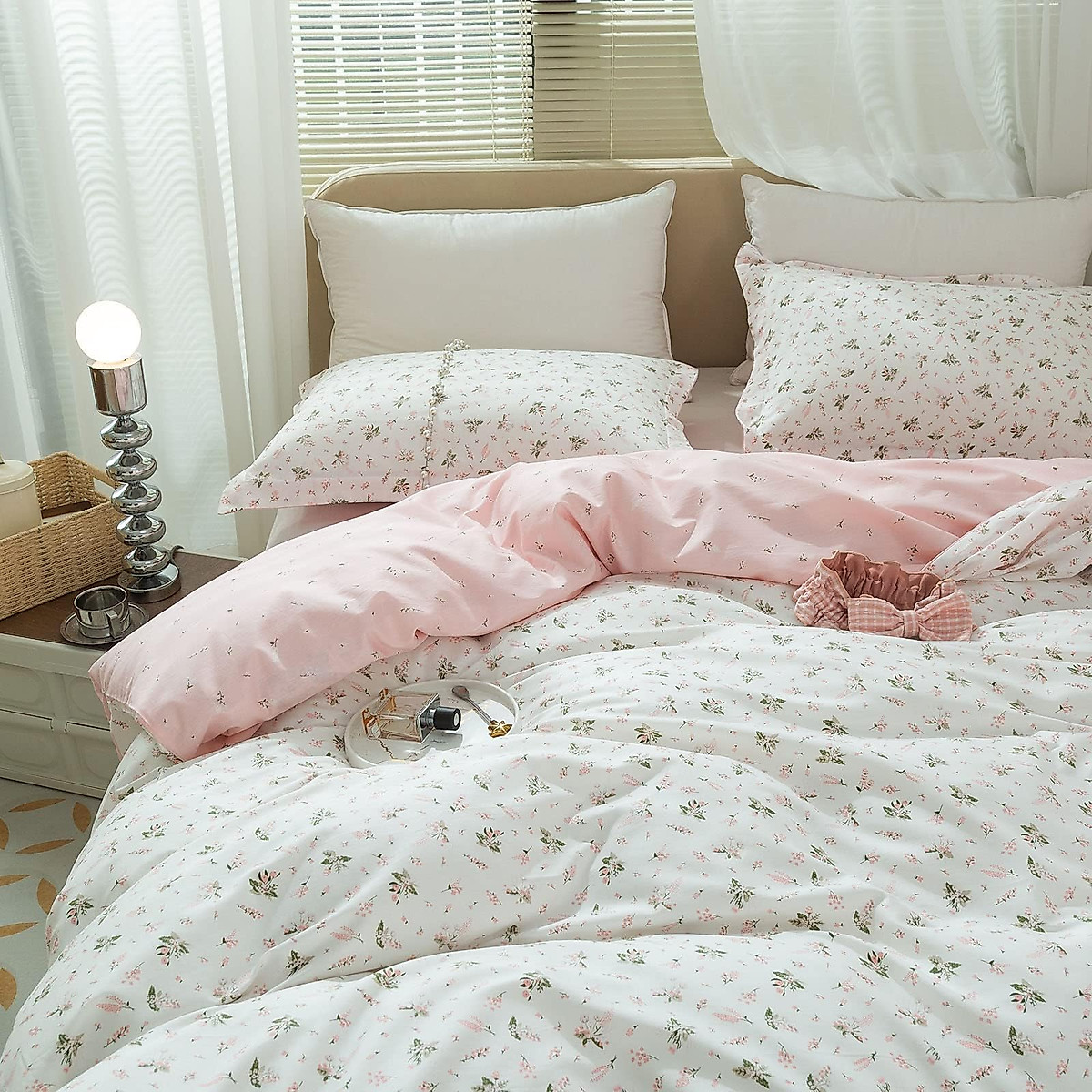 AMWAN Pink Floral Duvet Cover Twin XL Cotton Garden Bedding Sets Kids Girls White Comforter Aesthetic Botanical Vintage Flower Print with Zipper Ties