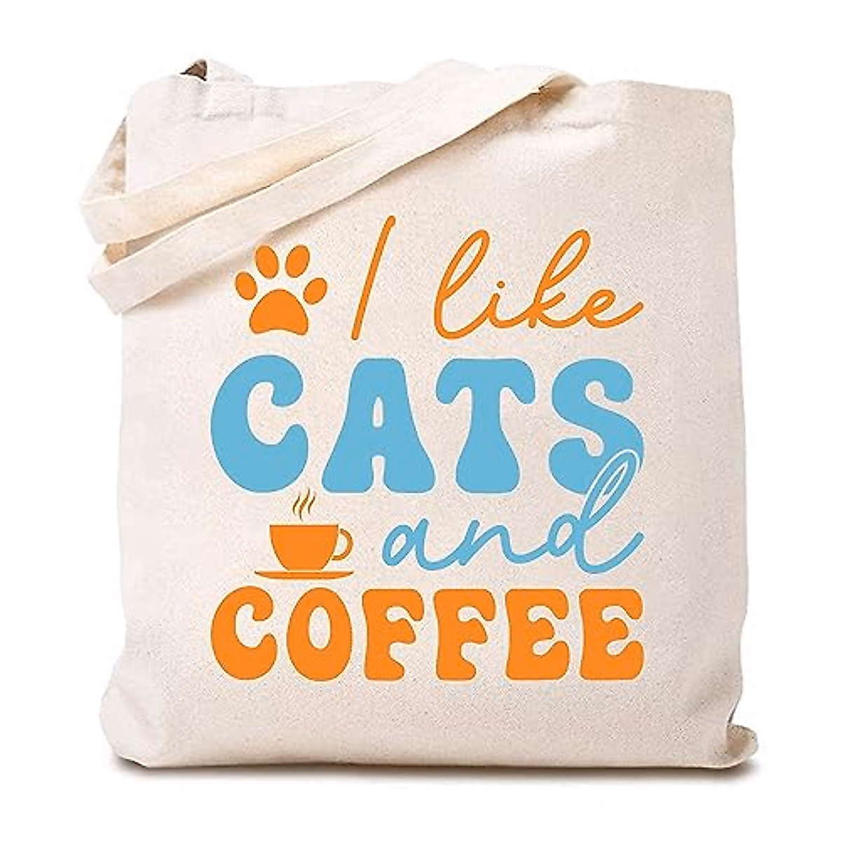 TSIIUO Women's I Like Cats and Coffee Canvas Tote Bag Cute Graphic Pet Lover Gift Funny Caffeine Reusable Shopping Bag White
