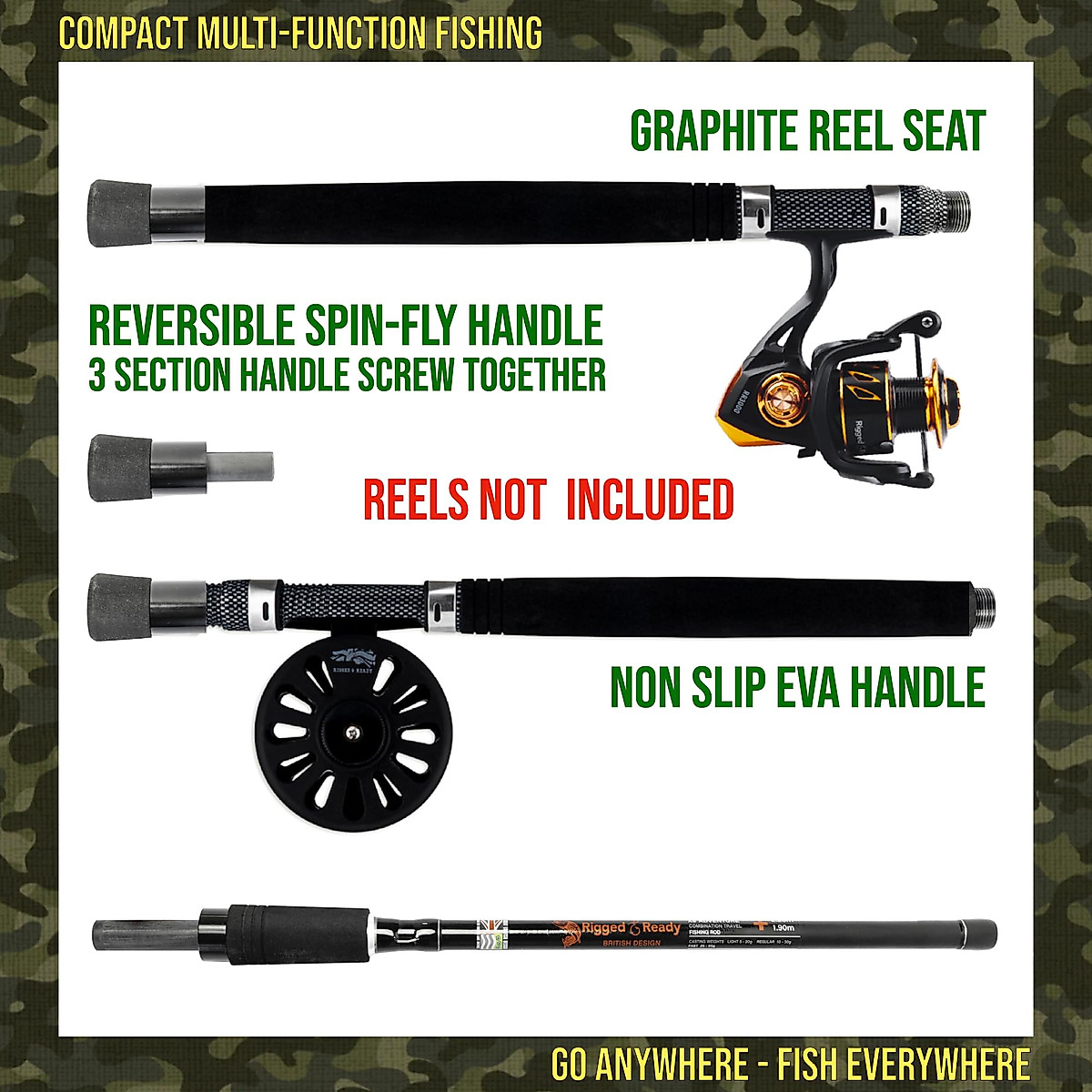 Rigged and Ready X5 Travel Fishing Rod. Super Compact, Carry Size 40cm (15.8’), Multi-Functional Travel Rod + 4 Tips + case. 1 Rod with 5 Fishing Options. 2.22m (7’ 3”) + 1.9m (6'3") Lengths.