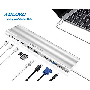 ADLOKO 10 in 1 USB C Hub, 4K HDMI, VGA, SD/TF Card Reader, RJ45 Ethernet, 3X USB3.0 Ports, 3.5mm Audio USB C Multiport Adapter