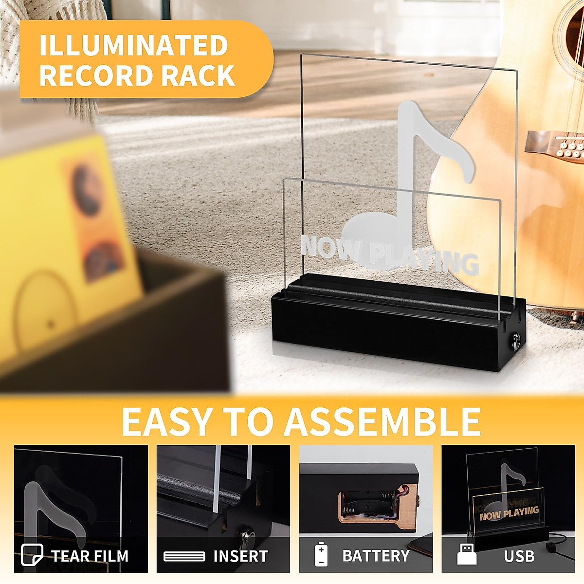 OOOMART.COM Now Playing Vinyl Record Stand, Vinyl Record Display Stand, Brown and Black Vinyl Record Player Stand with Built-In LED Light, Battery Power Supply is More Convenient