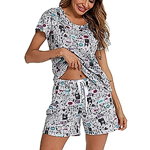 ENJOYNIGHT Women's Cute Sleepwear Print Tee and Shorts Pajama Set (Large, Grey Dog)