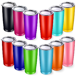 12 Pieces 20 oz Stainless Steel Tumbler Bulk with Lids, Powder Coated Travel Mug Tumblers Double Wall Vacuum Insulated Coffee Tumbler Cup for Hot Cold Water Drinks, 12 Colors