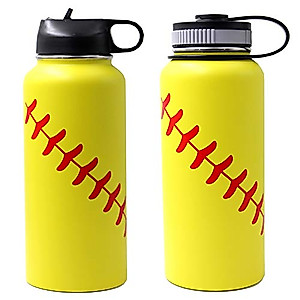 32 oz Softball Water Bottle, Flask Sports with 2 Lids 18/8 Stainless Steel Tumbler Double Wall Vacuum Insulated Hot/Cold (32oz, Yellow Softball)