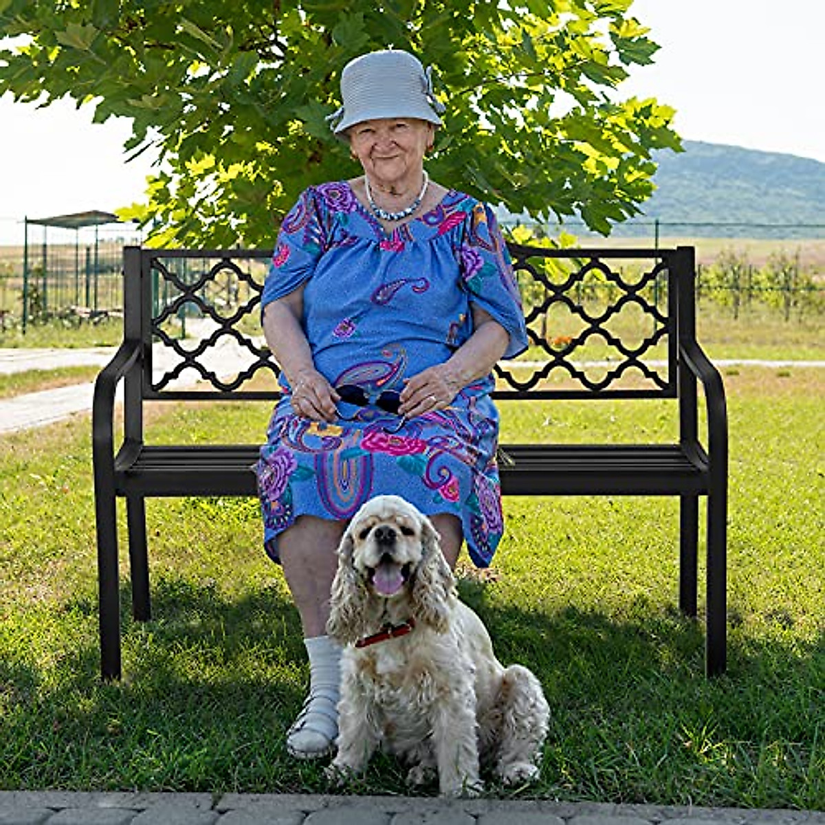 Tangkula Outdoor Steel Garden Bench, Patio Park Bench w/Iron Casted Seat, Armrest & Backrest, Outdoor Welcome Bench Chair Furniture Suitable for Garden Patio Yard